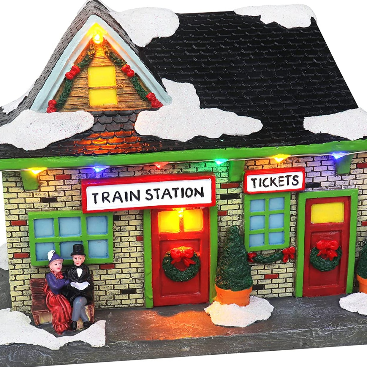 Christmas Village Train Station with Lights – Top Treasures